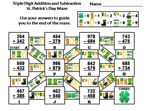 Triple Digit Addition and Subtraction St. Patrick's Day Math Maze ...