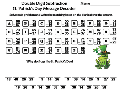 Double Digit Subtraction St. Patrick's Day Math Activity: Message ...