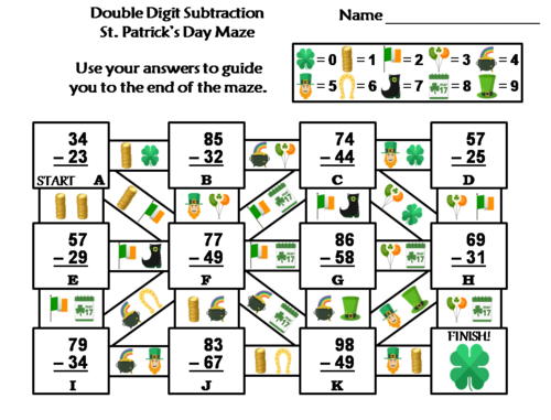 Double Digit Subtraction St. Patrick's Day Math Maze | Teaching Resources