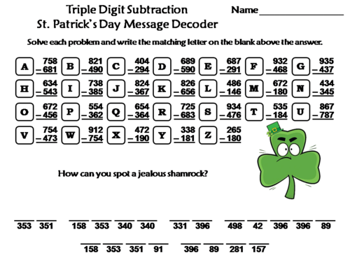 Triple Digit Subtraction St. Patrick's Day Math Activity: Message ...