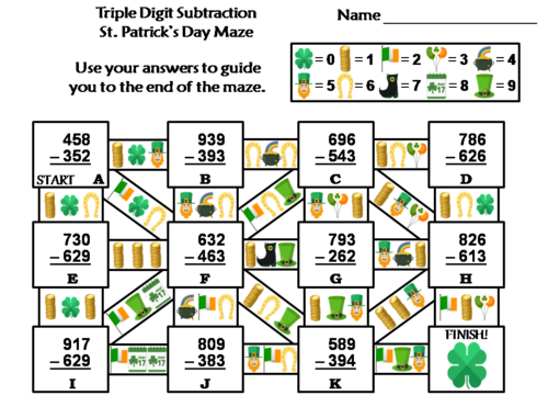 Triple Digit Subtraction St. Patrick's Day Math Maze | Teaching Resources