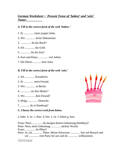 German Worksheet: Present Tense of ‘haben’ and ‘sein’ | Teaching Resources
