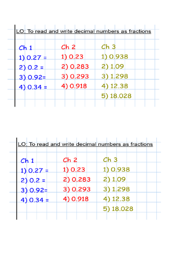 Maths writing numbers as decimals | Teaching Resources
