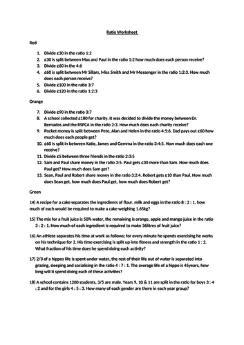 Ratio Differentiated Worksheet | Teaching Resources