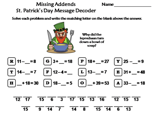 Missing Addends St. Patrick's Day Math Activity: Message Decoder ...