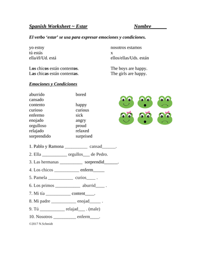 Estar Worksheet with Feelings and Conditions - Emociones con estar (SUB ...