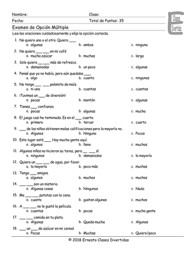 Quantifiers Spanish Multiple Choice Exam | Teaching Resources
