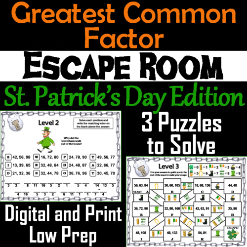 St. Patrick's Day Escape Room Math: Greatest Common Factor 4th 5th 6th ...