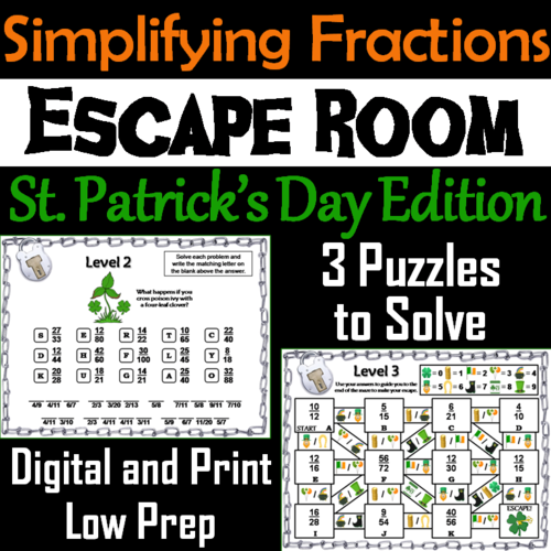 St. Patrick's Day Escape Room Math: Simplifying Fractions 4th 5th 6th ...