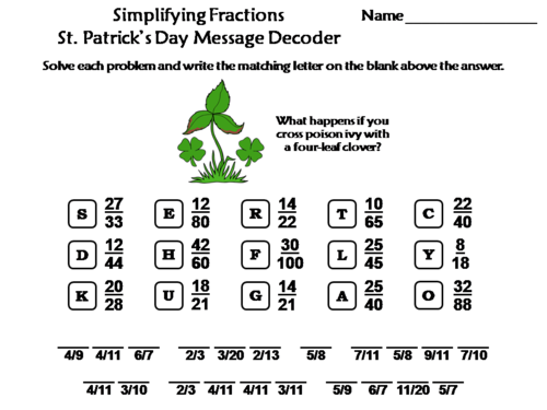 Simplifying Fractions St. Patrick's Day Math Activity: Message Decoder ...