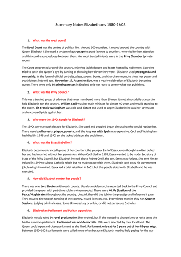 OCR SHP History B revision summary notes Elizabethans 1580-1603 ...