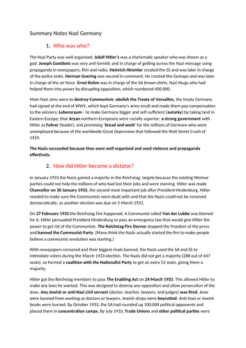 OCR SHP History B revision summary notes Nazi Germany 1933-45 ...