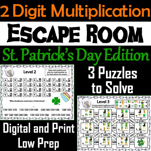 St. Patrick's Day Escape Room Math: Two Digit Multiplication (3rd 4th ...