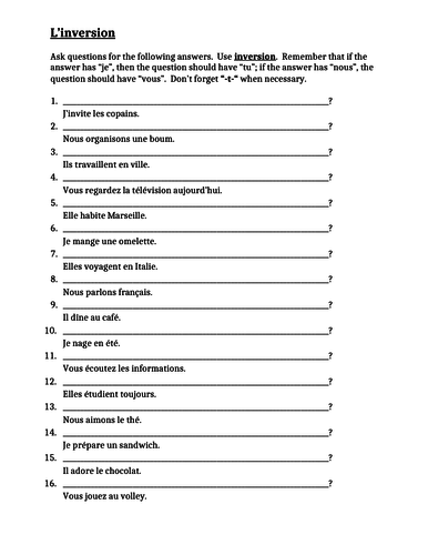 Inversion in French Worksheet 1 | Teaching Resources