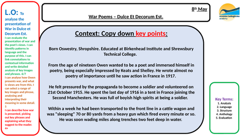 Dulce Et Decorum Est EDUQAS English Literature GCSE | Teaching Resources