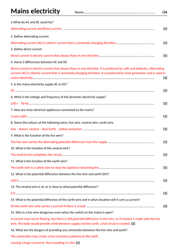 AQA GCSE Trilogy recall test and answers topic: Mains Electricity ...