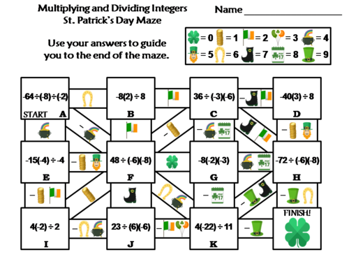 Multiplying and Dividing Integers Activity: St. Patrick's Day Math Maze ...