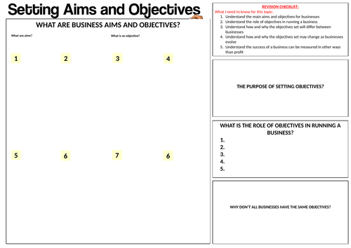 GCSE 9-1 Topic 3.1.3 -Setting Aims and Objectives: Worksheet/Revision ...