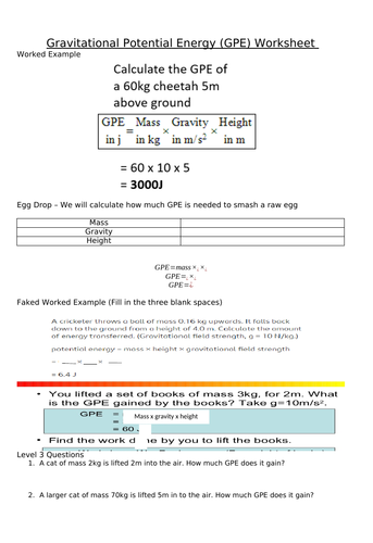 Gravitational Potential Energy (GPE) Worksheet Using Faded Worked ...