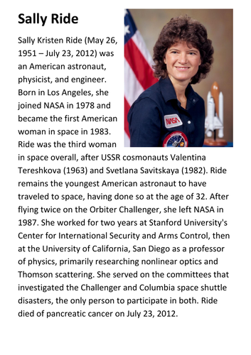 Sally Ride Handout | Teaching Resources
