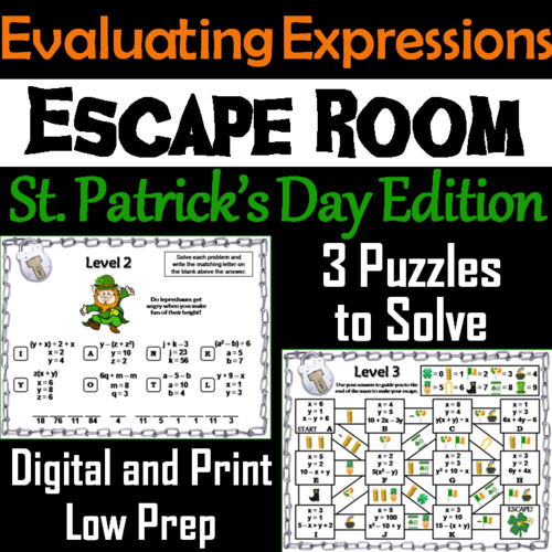 Evaluating Algebraic Expressions Game: Escape Room St Patricks Day Math ...