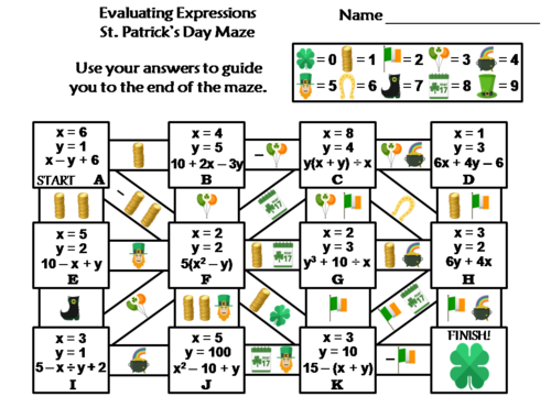 Evaluating Algebraic Expressions Activity: St. Patrick's Day Math Maze ...
