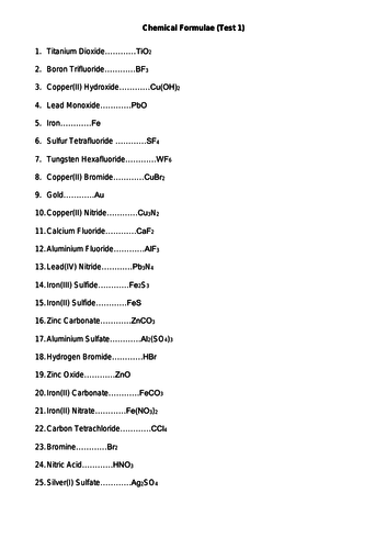 Chemical Formula Homeworks/Tests | Teaching Resources