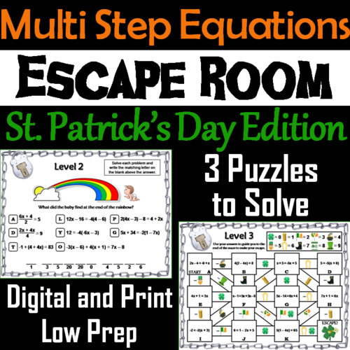 Solving Multi Step Equations Game: Escape Room St. Patrick's Day Math ...
