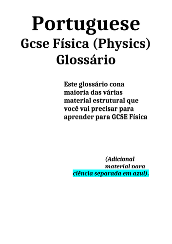 GCSE Physics glossary - Portuguese | Teaching Resources
