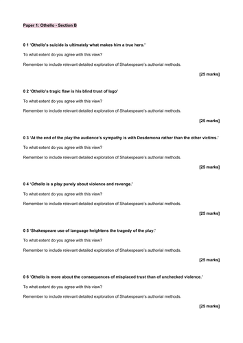 AQA English Literature Questions A-Level Sections B and C (Tragedy and ...