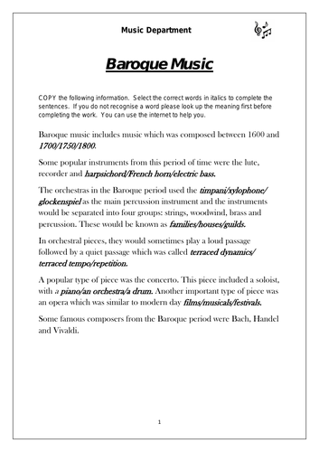 Baroque Period Worksheets