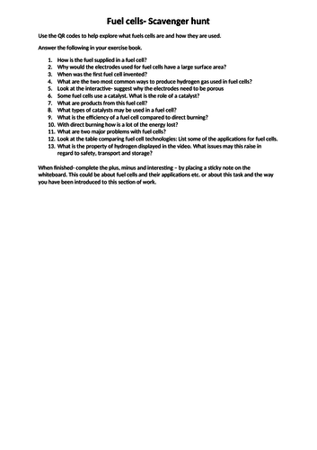 Fuel cells- scavenger hunt | Teaching Resources