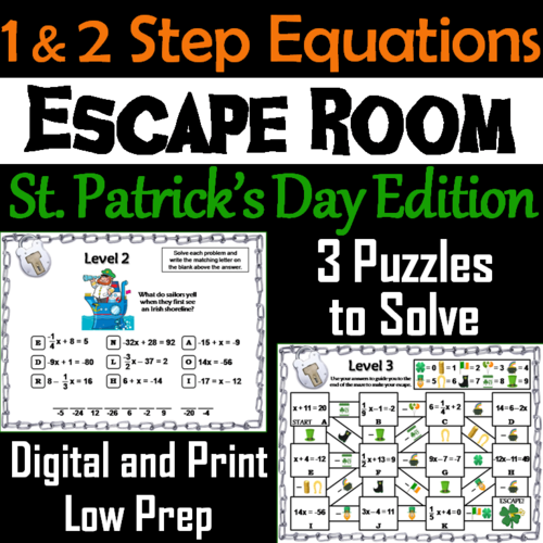 Solving One and Two Step Equations: Escape Room St. Patrick's Day Math ...