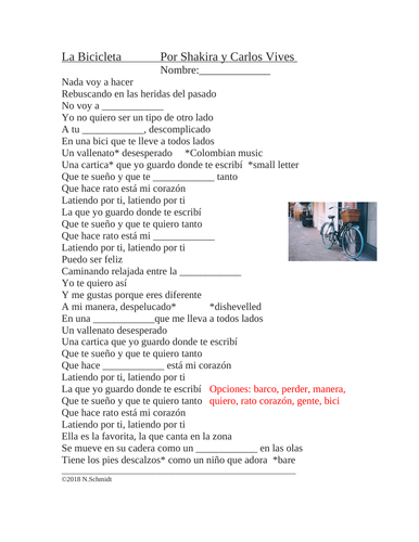 Spanish Song Cloze Activity: Shakira Bicicleta (6 pages) SUB PLAN ...
