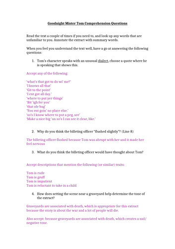 Comprehension - Goodnight Mister Tom with answers | Teaching Resources