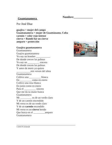 Spanish Song Cloze Activity: Celia Cruz - Guantanamera (SUB PLAN ...