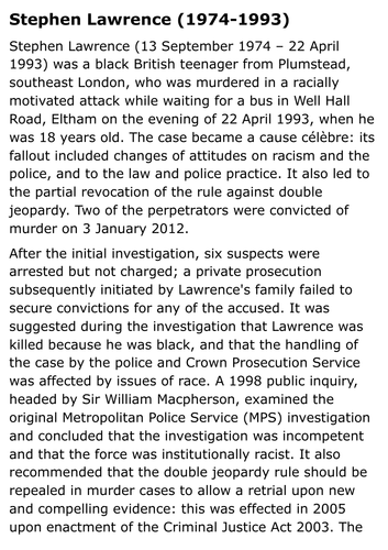 Stephen Lawrence Handout | Teaching Resources