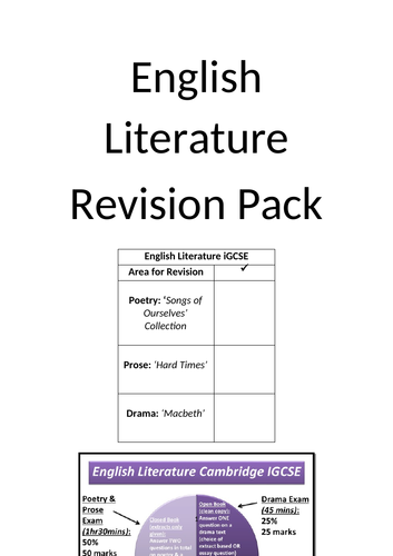 Cambridge Igcse English Literature Revision Pack Teaching Resources