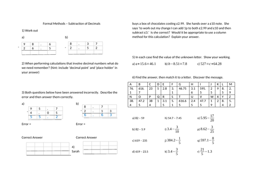 Year 7 Mastery - Formal Methods of Subtracting Decimals | Teaching ...