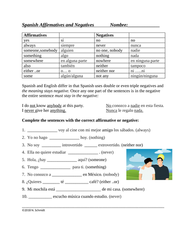 Spanish Negatives and Affirmatives: Handout / Worksheet + Reading ...