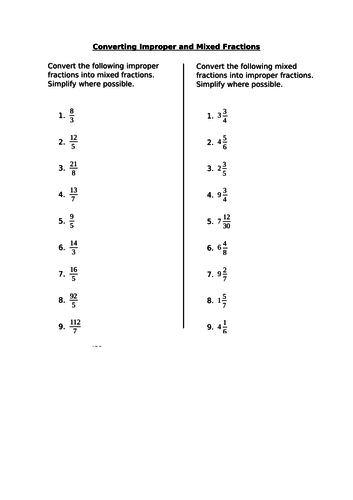 Converting Improper and Mixed Fractions | Teaching Resources