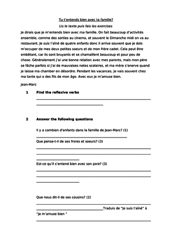 GCSE French Family Relationships reading task | Teaching Resources