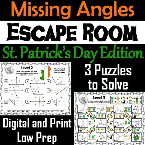 Solving for Missing Angles: Geometry Escape Room St. Patricks Day Math ...