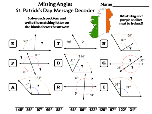 Missing Angles St. Patrick's Day Math Activity: Message Decoder ...