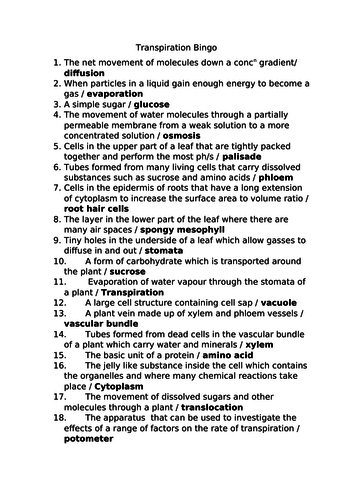 Transpiration bingo | Teaching Resources