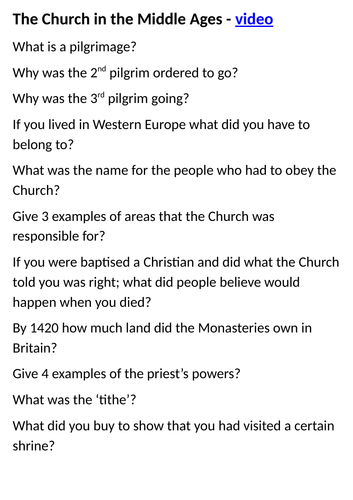 The Church in the Middle Ages Video Student Questions | Teaching Resources