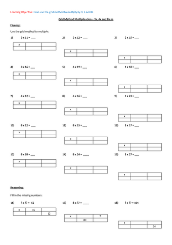 Grid Multiplication - Mastery Questions (3x, 4x & 8x) | Teaching Resources