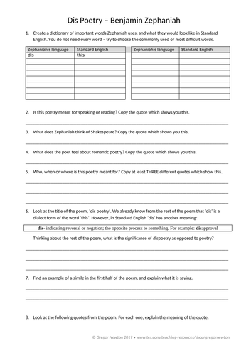 Dis Poetry by Benjamin Zephaniah - self-reflective poem worksheet ...