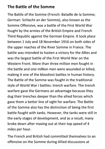 The Battle of the Somme Handout | Teaching Resources
