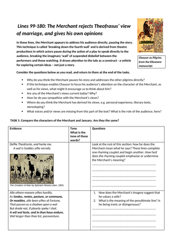 'The Merchant's Tale', A Level English Literature worksheets, part 3 ...